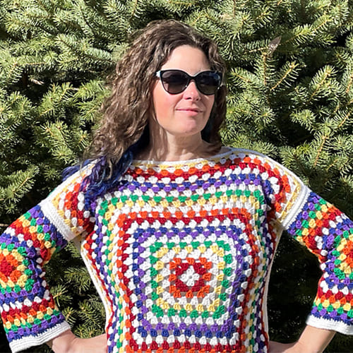 Rainbow colorwork crochet granny square sweater free pattern